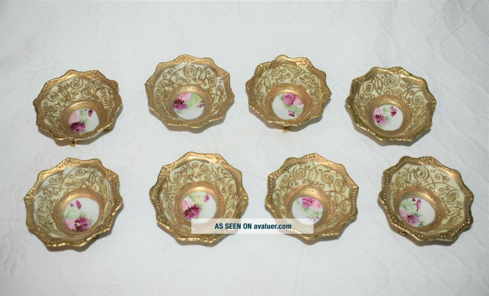 SET Of 8 VINTAGE HAND PAINTED NIPPON ORIENTAL BONE CHINA FOOTED GILTED ...
