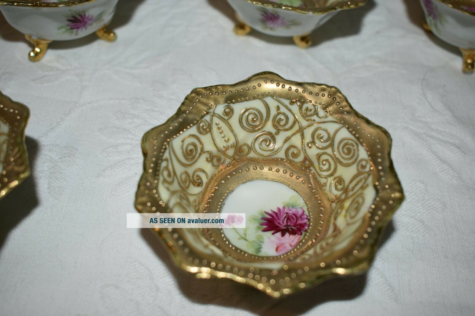 SET Of 8 VINTAGE HAND PAINTED NIPPON ORIENTAL BONE CHINA FOOTED GILTED ...