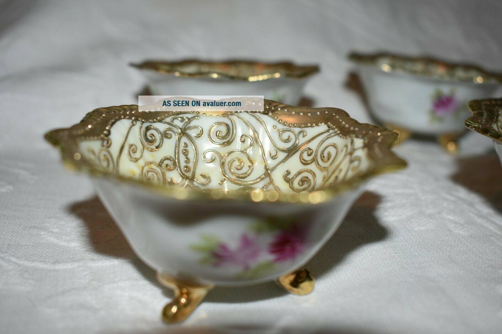 SET Of 8 VINTAGE HAND PAINTED NIPPON ORIENTAL BONE CHINA FOOTED GILTED ...