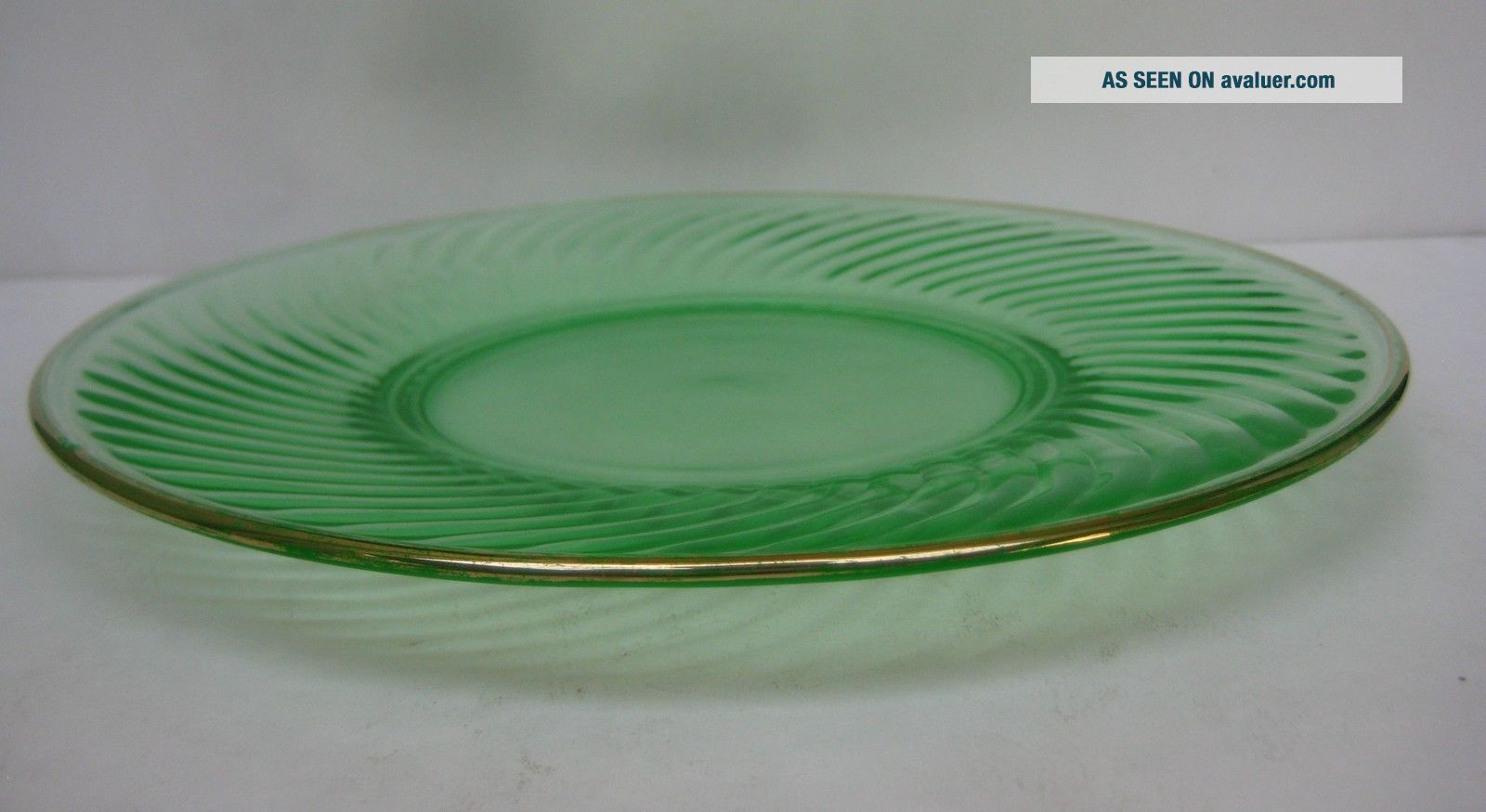 Vaseline Depression Green Glass Swirl Pattern 8 " Plate With Gold Trim ...
