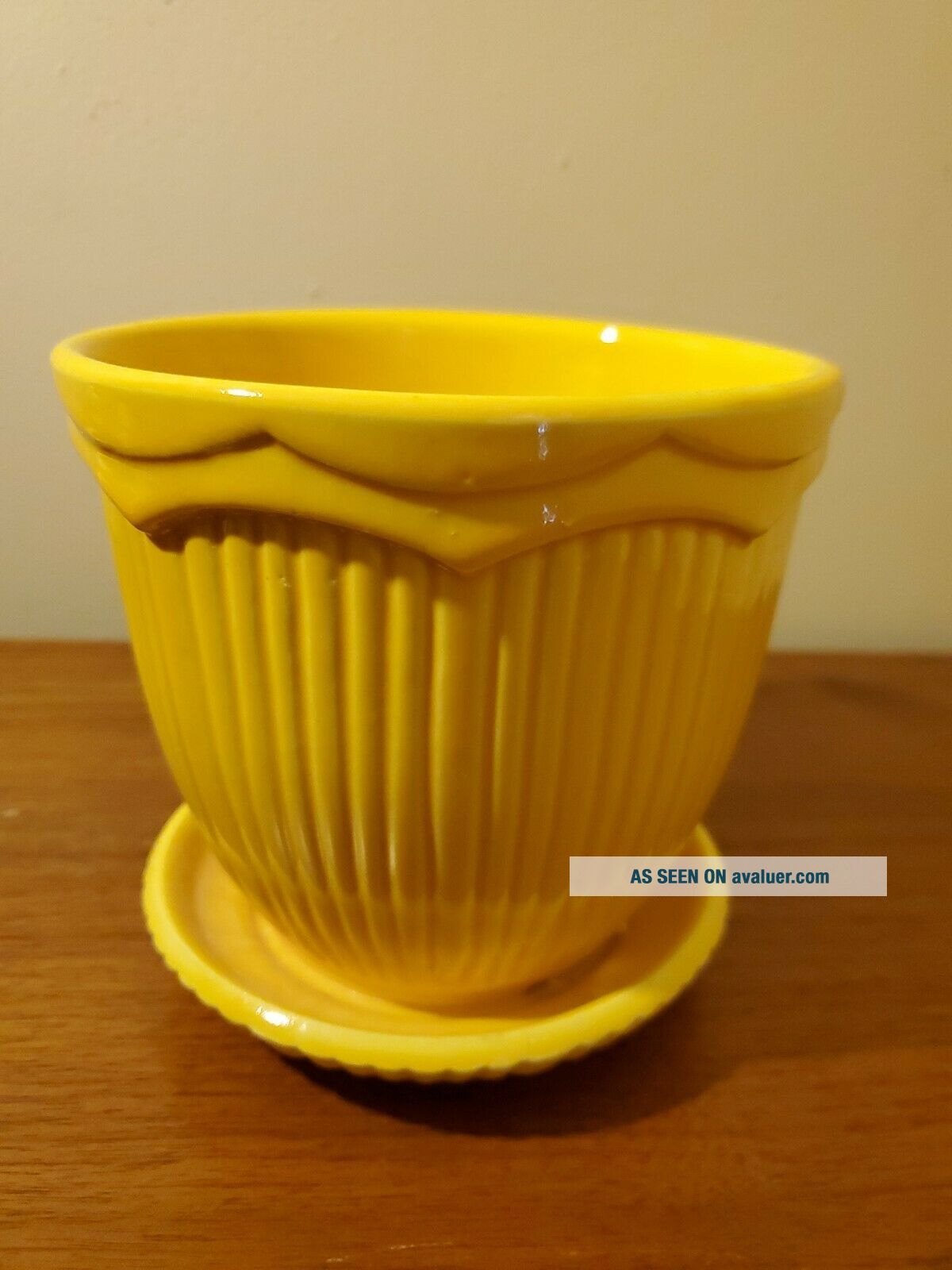 Vintage McCoy Pottery 635 Yellow Planter With Attached Dish | #13369472