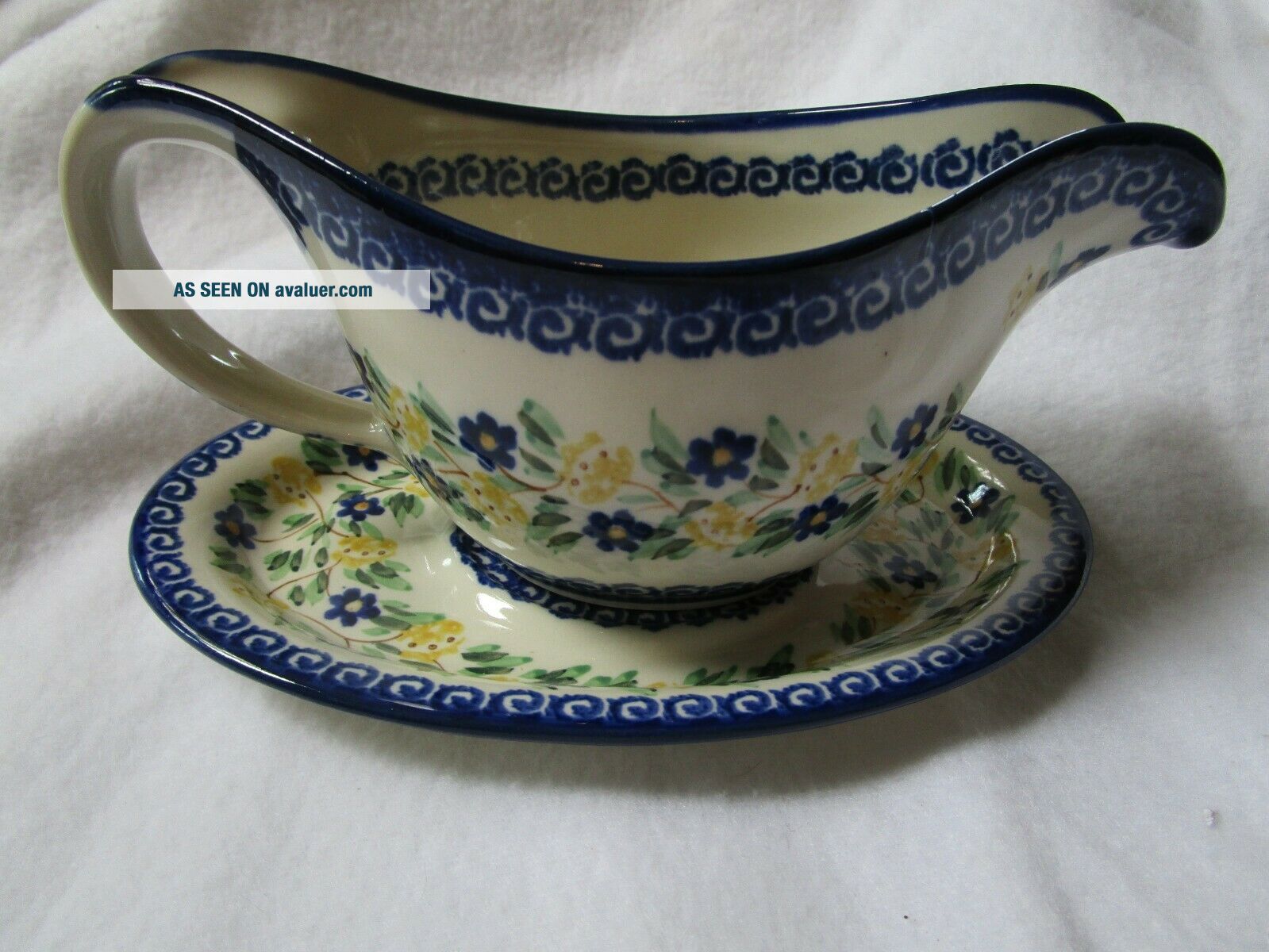 Boleslawiec Polish Pottery Large Gravy Boat And Saucer Blue And Yellow ...