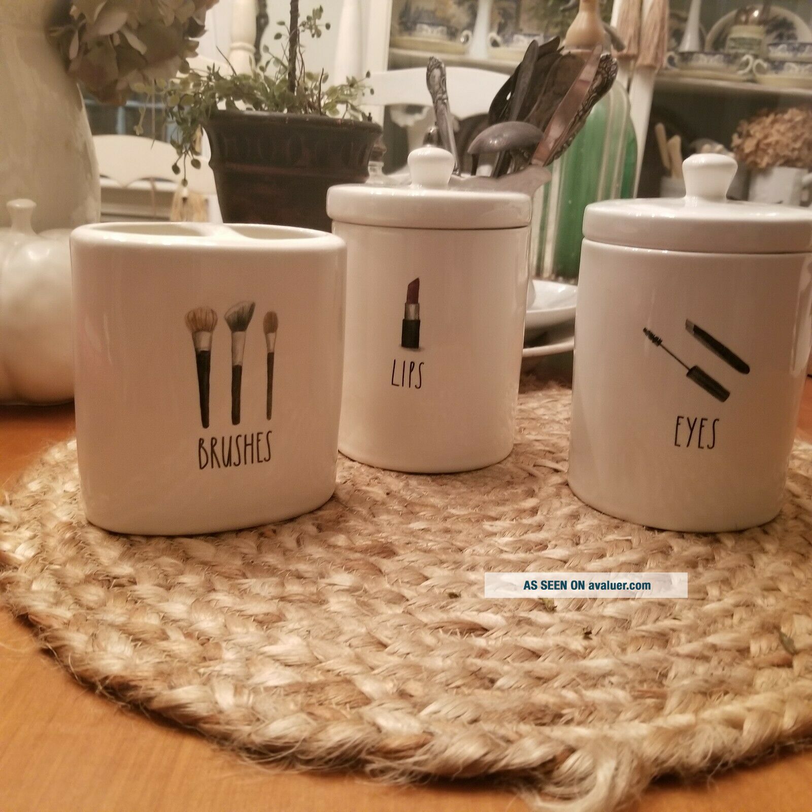 Rae Dunn 3 Piece Makeup Set Canister Brush Holder Lips And Eyes | #13426370