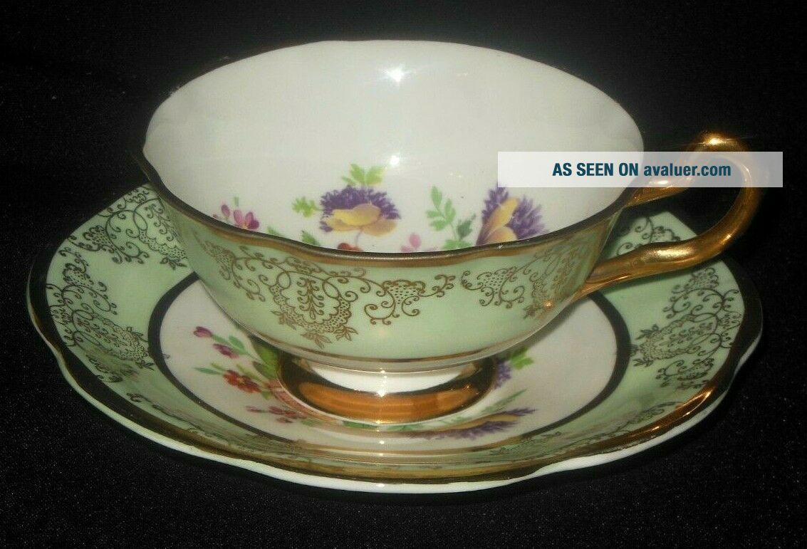 WOODLANDS GREEN TEA CUP SAUCER GOLD DESIGN AND BORDER ASSORTED FLOWERS ...